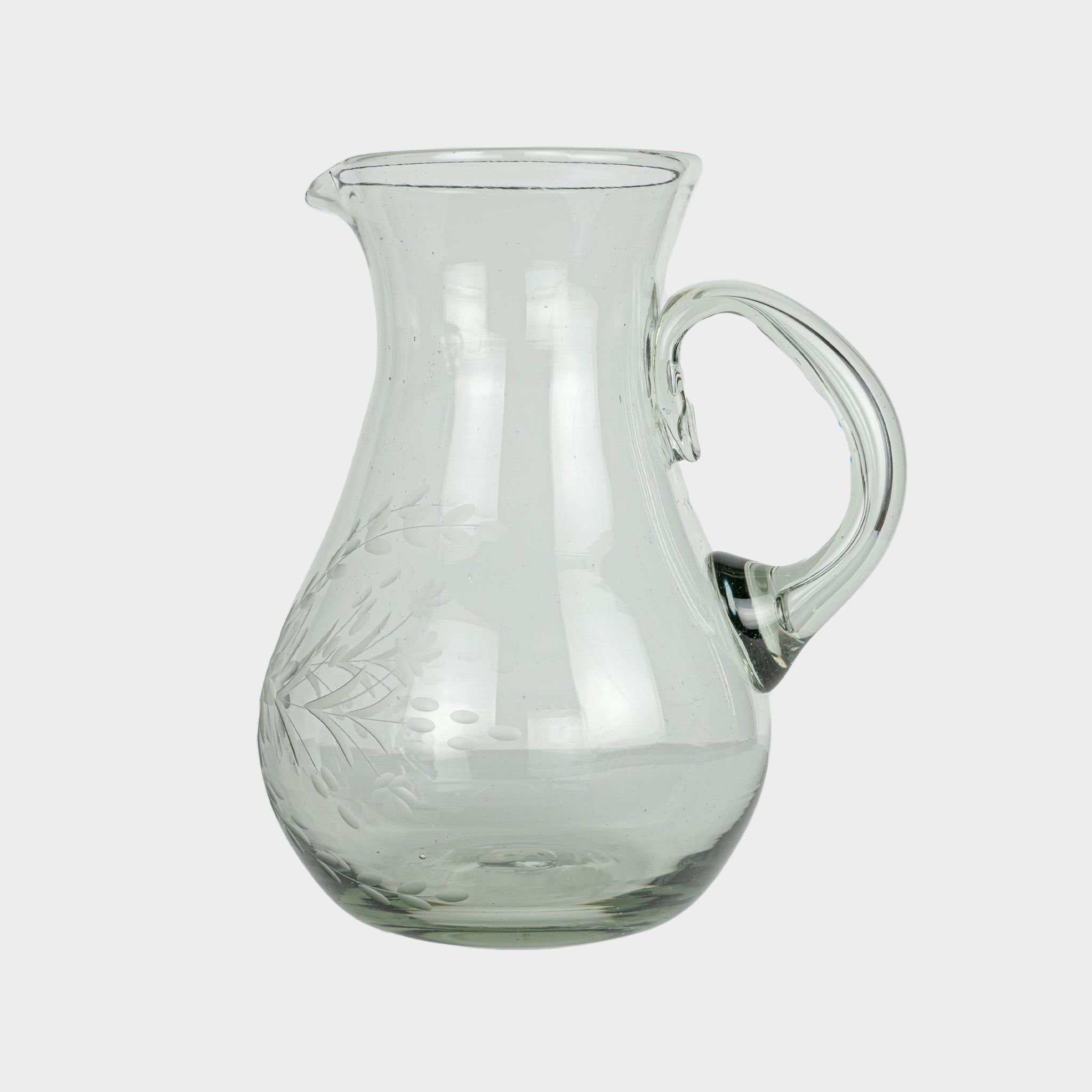 Floral Etched Round Pitcher in Blown Recycled Glass – Gardenheir